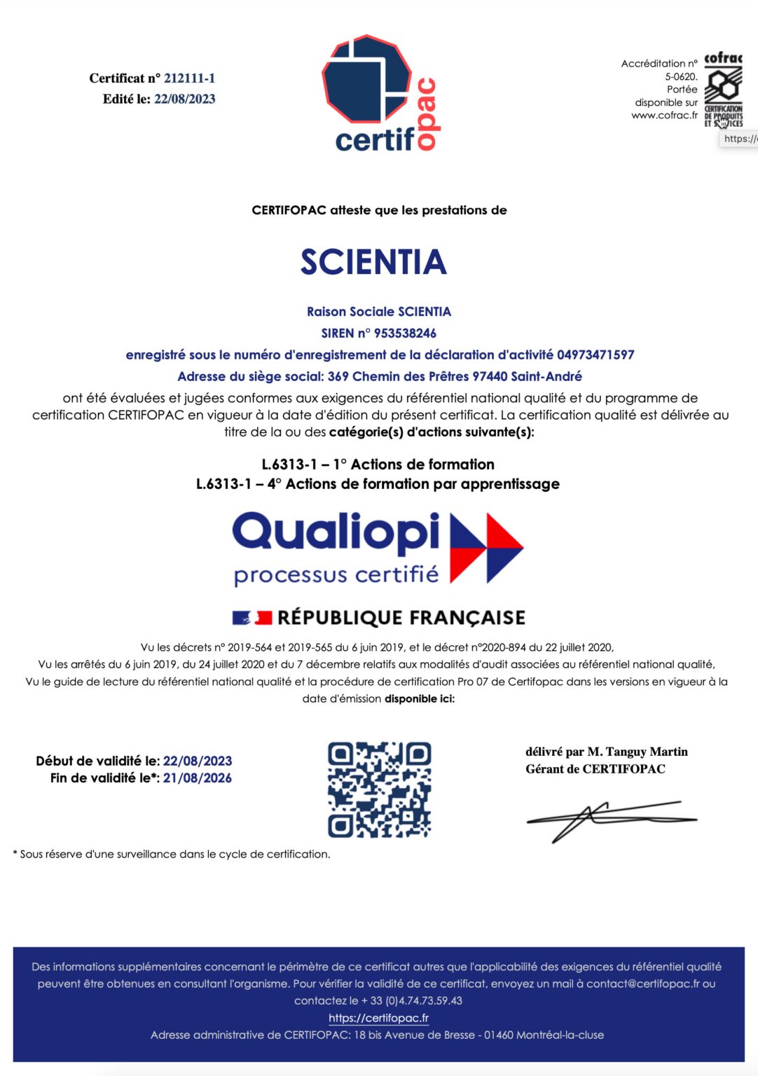 Certificat QUALIOPI – scientia